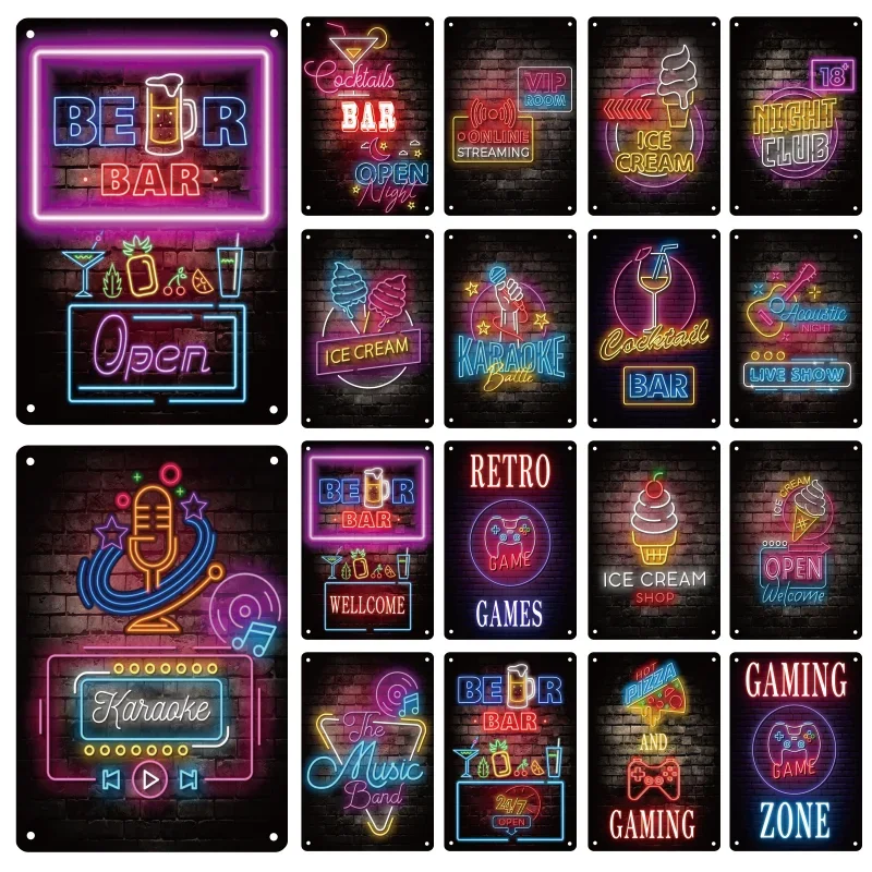 Neon Bar Club Metal Tin Sign Rock Music Pub Vintage Beer Poster Ice ...