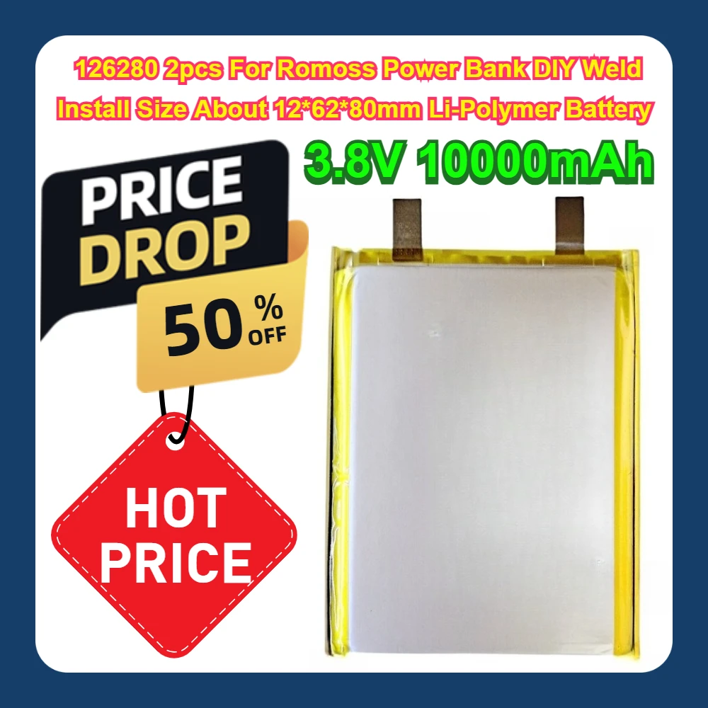 3.8V 10000mAh 126280 2pcs For Romoss Power Bank DIY Weld Install Size ...