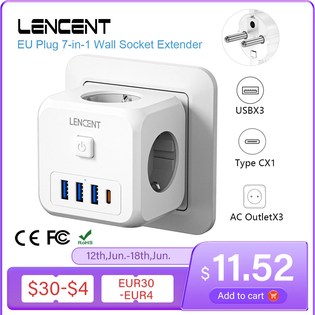 Lencent EU Plug Power Strip, Tomada 7 em 1, Interruptor Ligado e ...