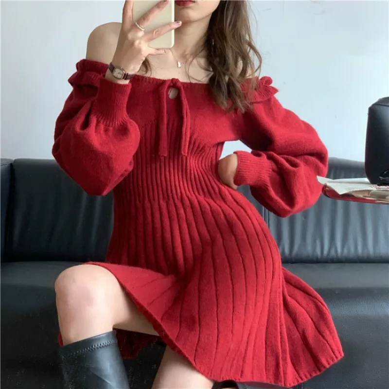 2021 Korea Fall Women's A line Sexy Red Dress New One shoulder Retro ...