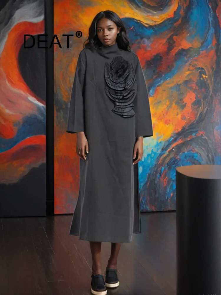 DEAT-Fashion-Women-s-Solid-Color-Spliced-3D-Wrinkled-Flower-Dress-2024 ...