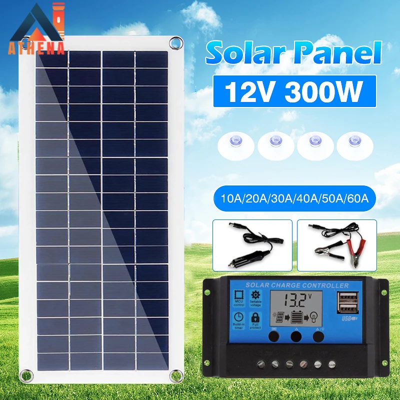 300W-Flexible-Solar-Panel-Kit-12V-Battery-Charger-Dual-USB-With-60A ...
