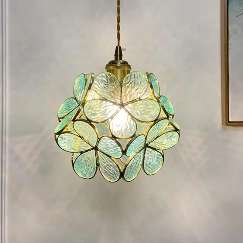 All copper Glazed glass Flower Bedroom Bedside Long Line Small Pendant ...