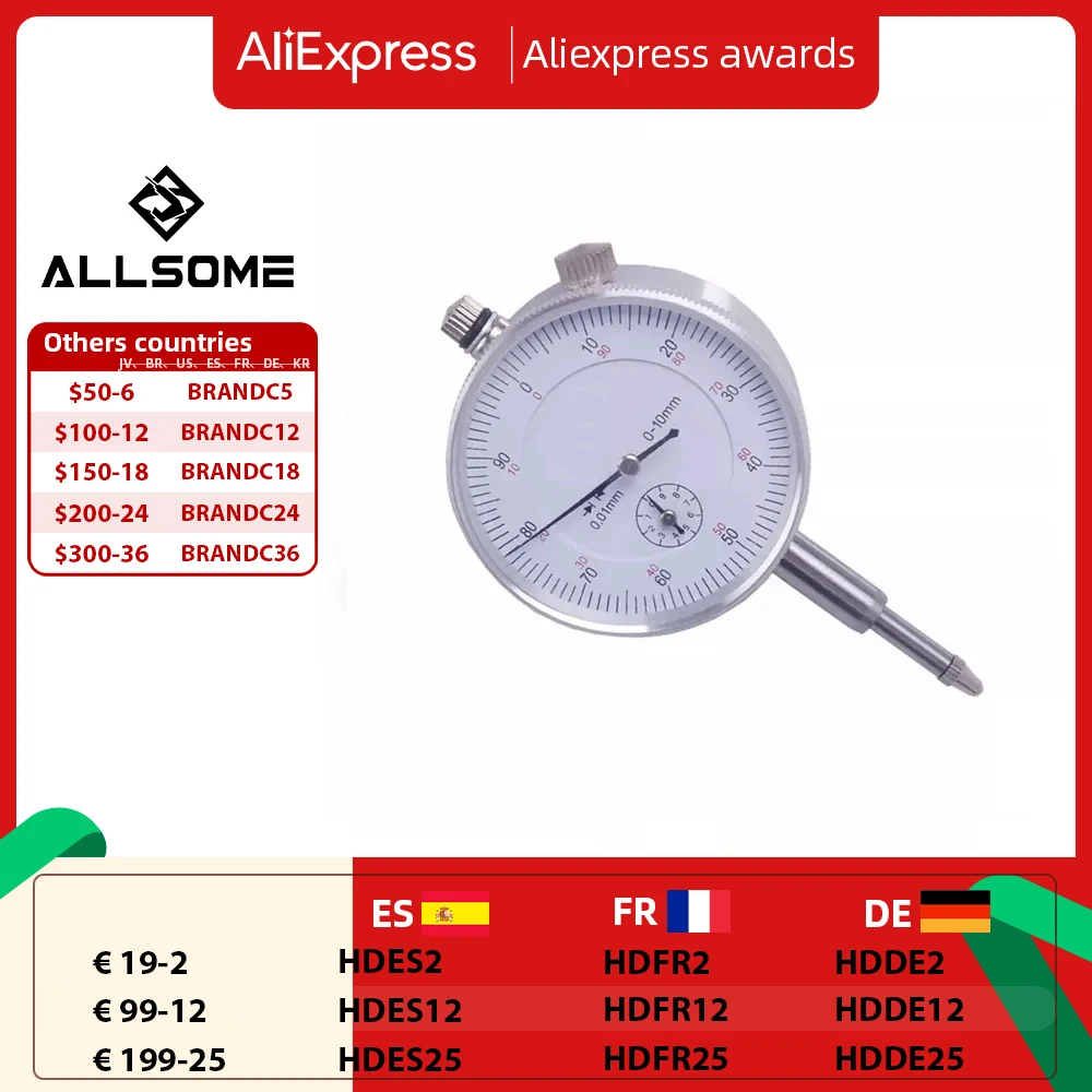 Allsom Alat Ukur Mikrometer 10/0, 01Mm Indikator Dial Bulat Instrumen ...