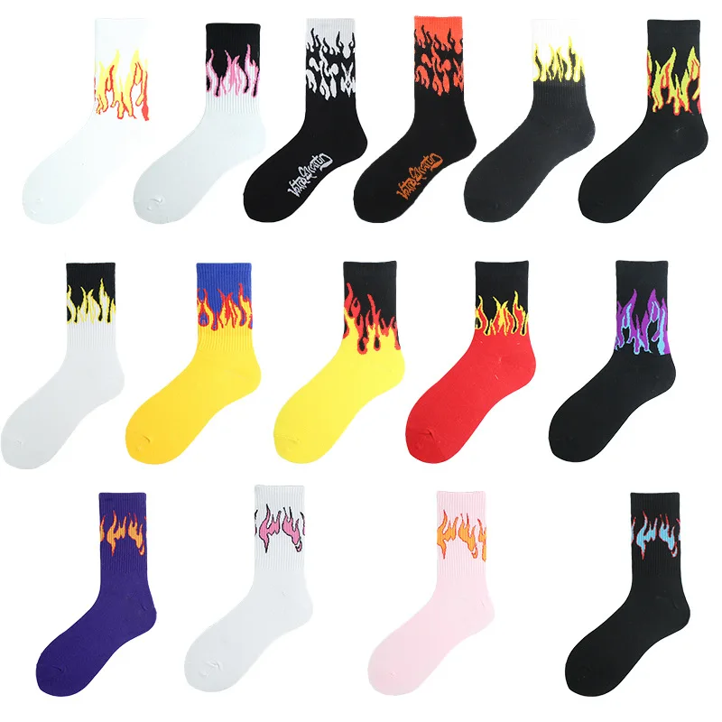 Hip Hop Colorful Fire Socks Black White Yellow Funny Flame Crew Socks ...