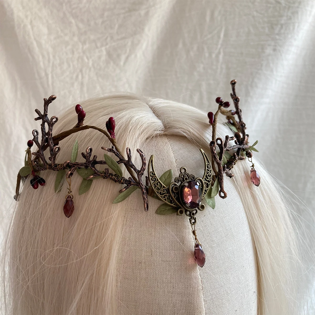 Handmade-Woodland-Elven-Forest-Leaves-Crown-Red-Waterdrop-Tiara-Moon ...