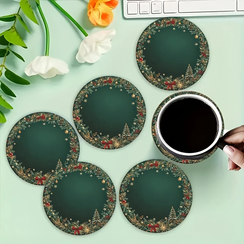 2D Retro Green Christmas Snowball Pine Tree 4in Wooden Coasters Set for ...