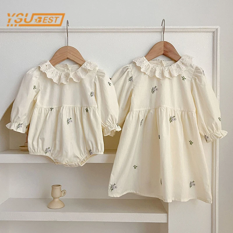 Infant-Baby-Girls-Long-Sleeve-Sisters-Lace-Collar-Dress-Rompers-Kids ...