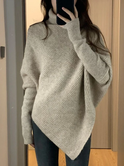 Irregular Turtleneck Sweaters Women Loose Chic Vintage Simple Pullovers ...