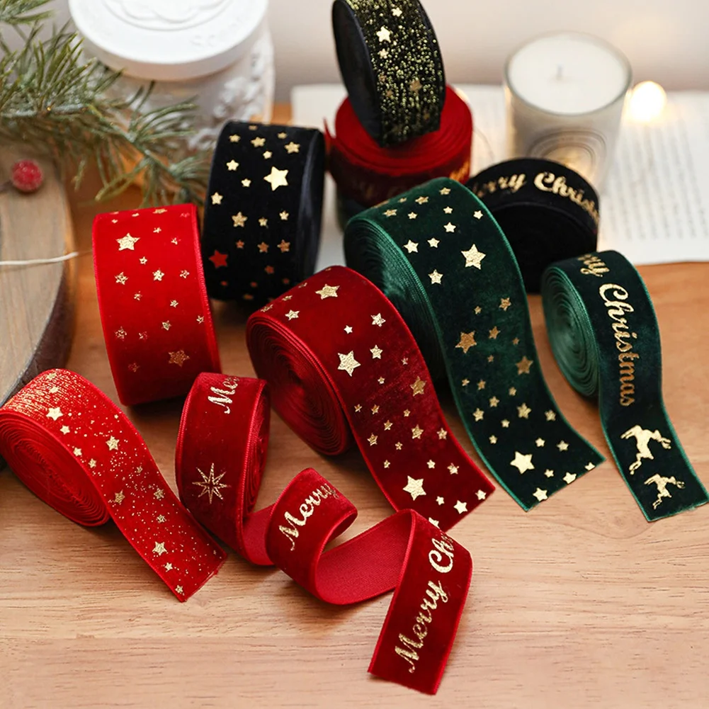 Christmas For Tree Ribbon Webbing 4x200cm Velvet Material with Gold ...