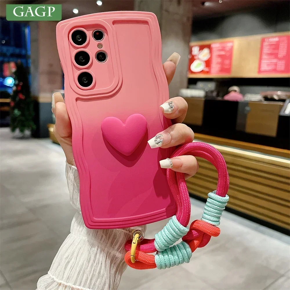 Gradient Love Wave Border Phone Case with Wrist Strap Cover - Samsung ...