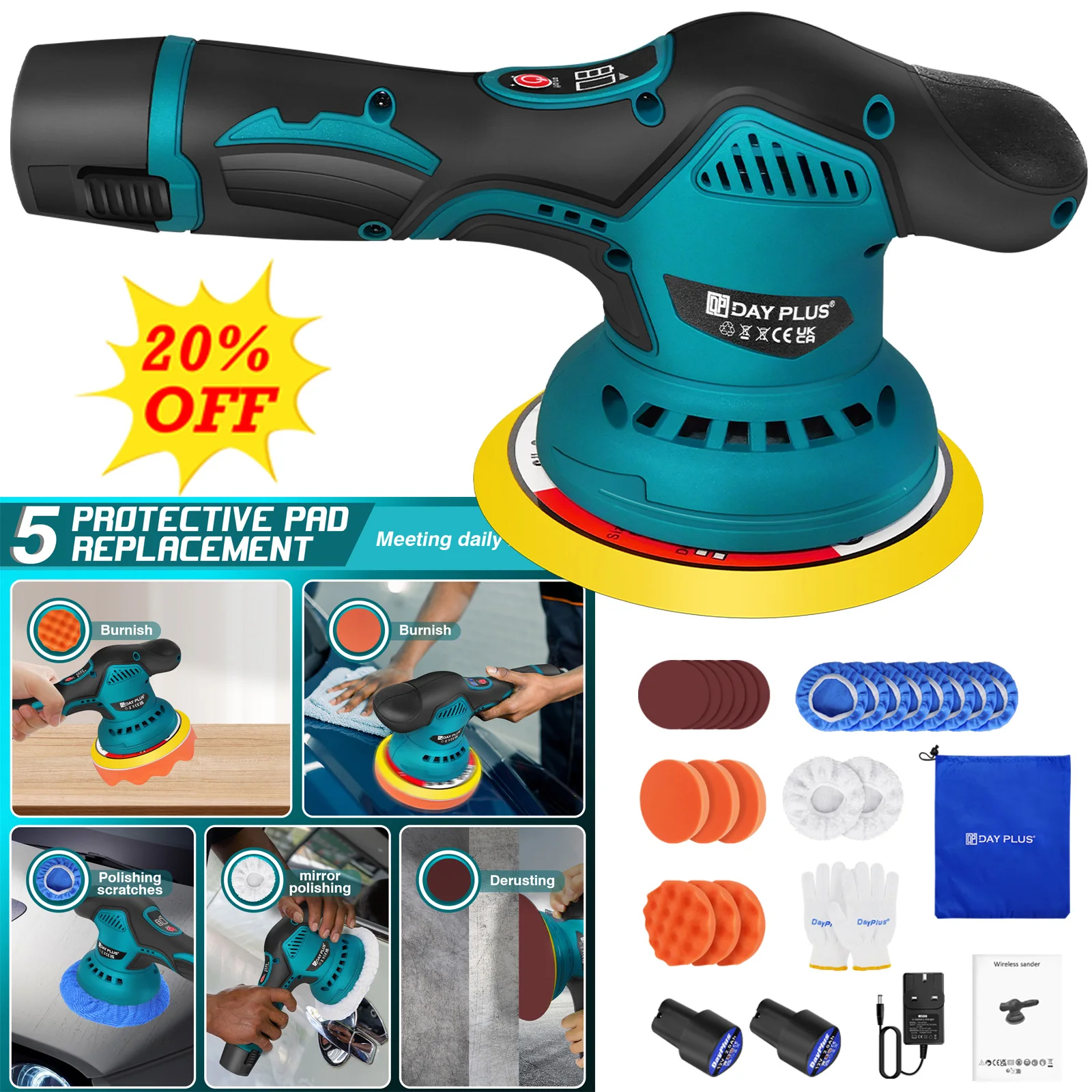 DayPlus-Car-Polisher-Buffer-Machine-125mm-Cordless-Polisher-Electric ...