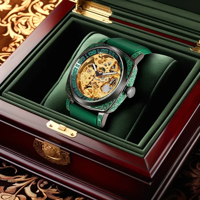 New carved mechanical watch with hollow out glowing green silicone ...