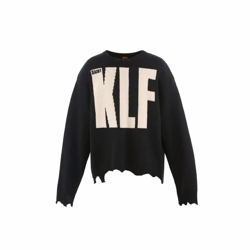 Big KLF Logo Saint Black Loose Damage Knitt Sweater Men Women Good ...