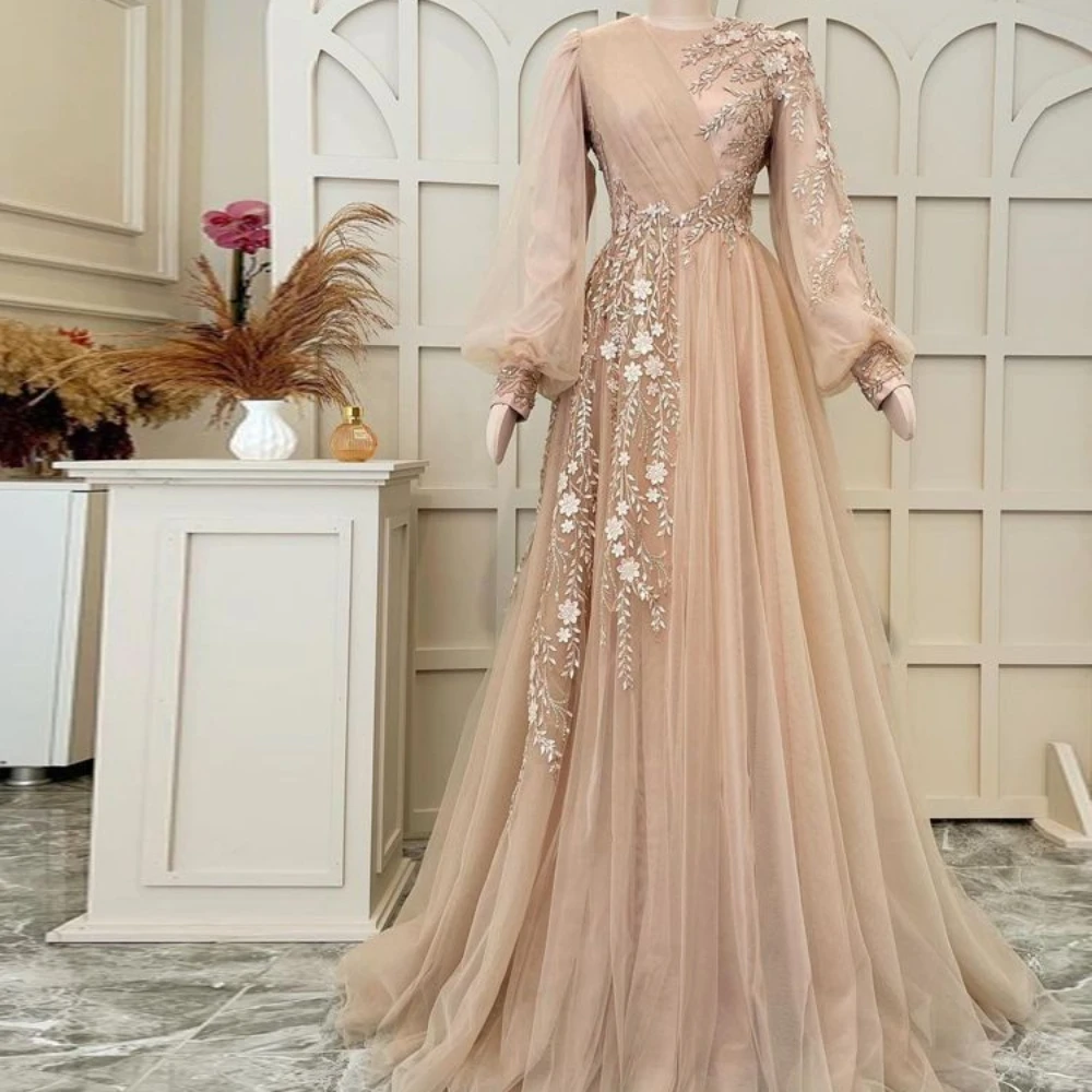 Elegant-Champagne-Muslim-Formal-Dress-A-Line-Tulle-Long-Sleeve-Beads ...