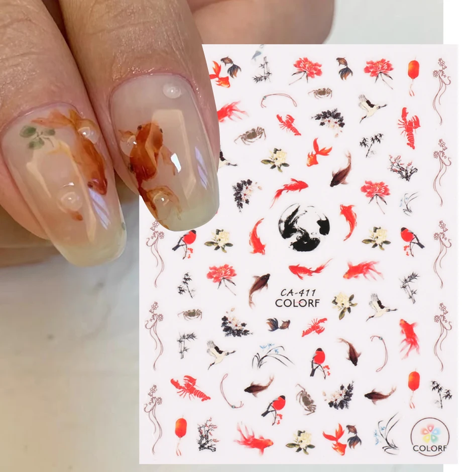 3D-Gold-Fish-Nail-Stickers-Lucky-Koi-Vivid-Lotus-Chinese-Ink-Painting ...