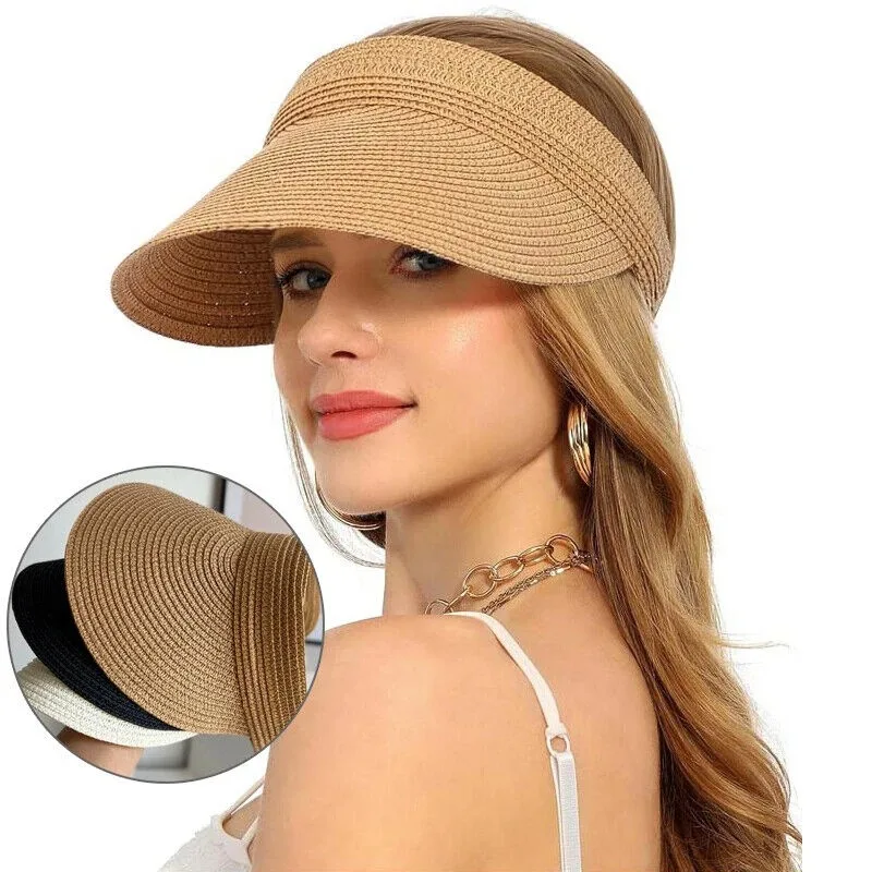Lady-Folding-Visor-Straw-Sun-Visor-Hat-Paper-Straw-Wide-Brim-Visor-Hat ...