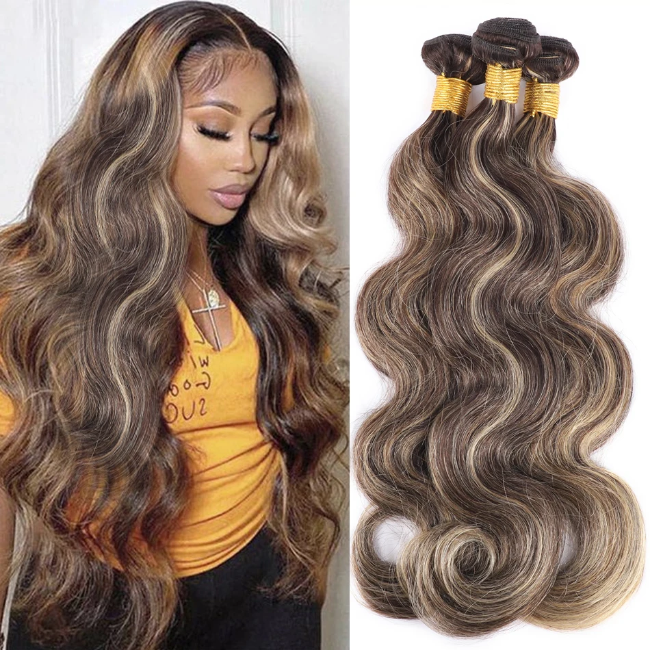 Brown-Highlight-Body-Wave-Human-Hair-Weave-3-Bundles-Brazilian-Remy ...