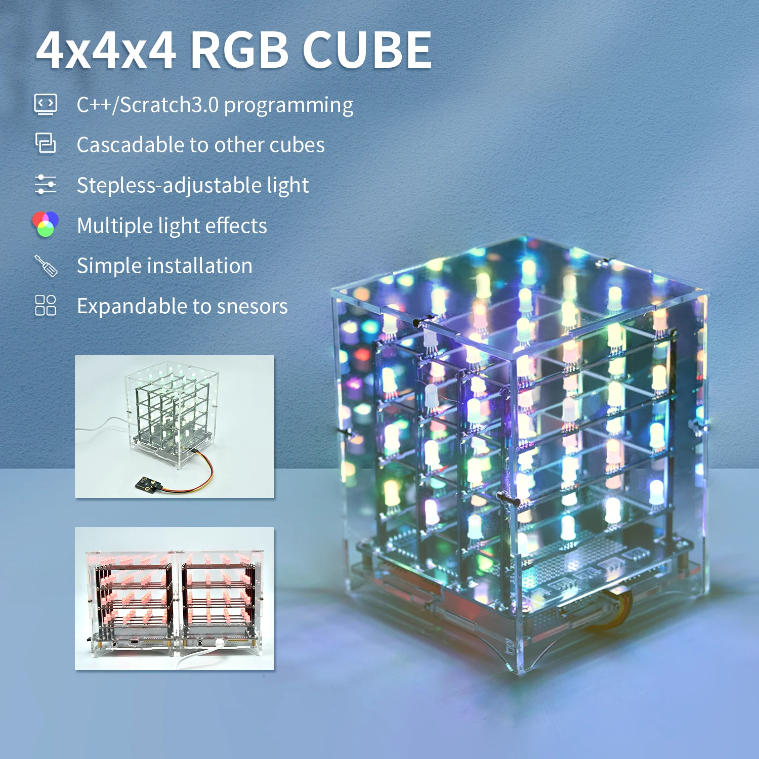 Keyestudio-4x4x4-DIY-RGB-LED-Cube-Electronic-Kit-For-Arduino-Leonardo ...