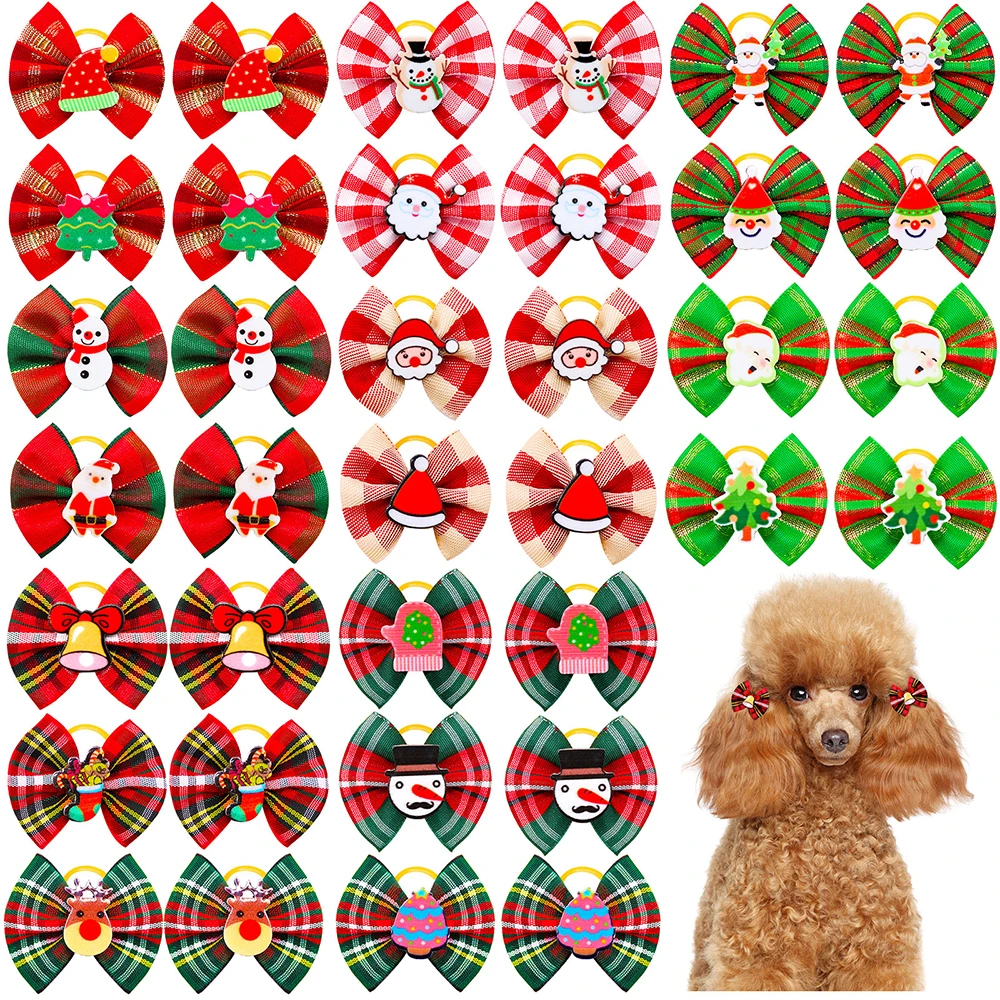 10/20pcs Dog Hair Bows Pet Bows Christmas Grooming Plaid Dogs Bowkont ...
