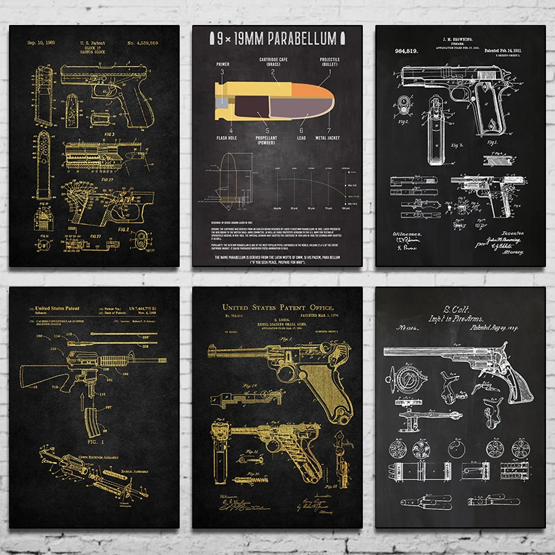 Firearms-and-Bullets-Canvas-Poster-Gun-Dismantling-Diagram-Wall-Art ...