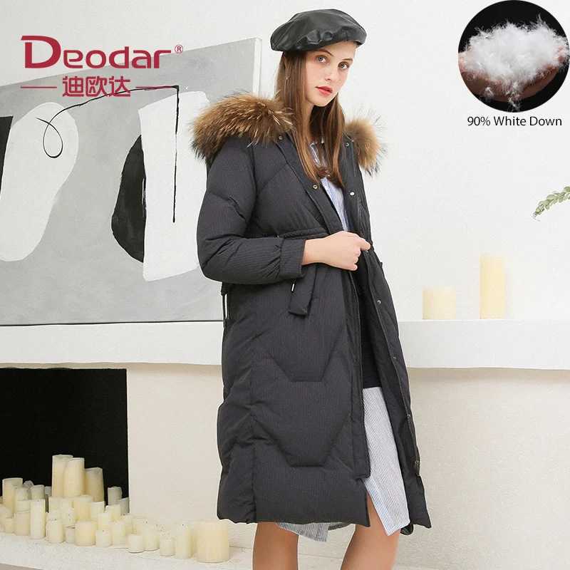 Deodar Women's Fashion Long 90% White Duck Down Jacket Hooded Natural Mink Fur Collar Winter ...