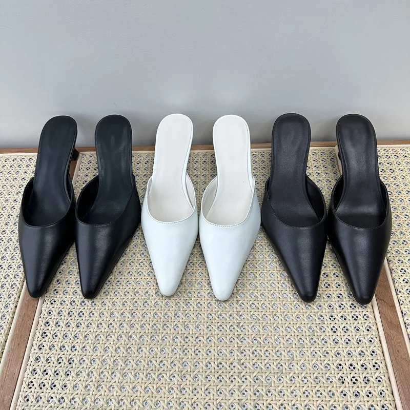 2024-New-Pointed-Toe-Kitten-Heel-Genuine-Leather-Slippers-Women ...