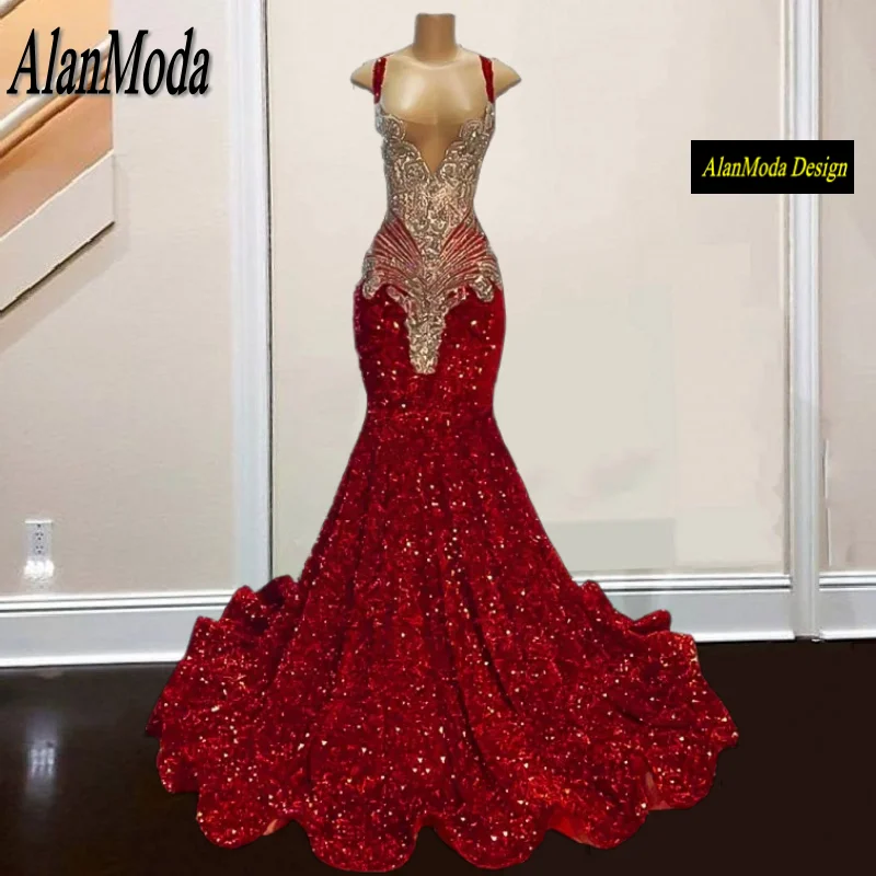 Gorgeous-Red-Prom-Dresses-2024-Mermaid-Style-Luxury-Sparkly-Silver-Crystals-Sequin-Black-Girls ...