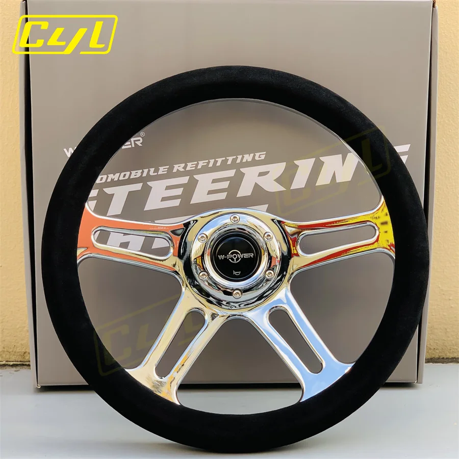 W-POWER-Universal-14inch-350mm-Leather-Steering-Wheel-4-Chrome-Spoke ...
