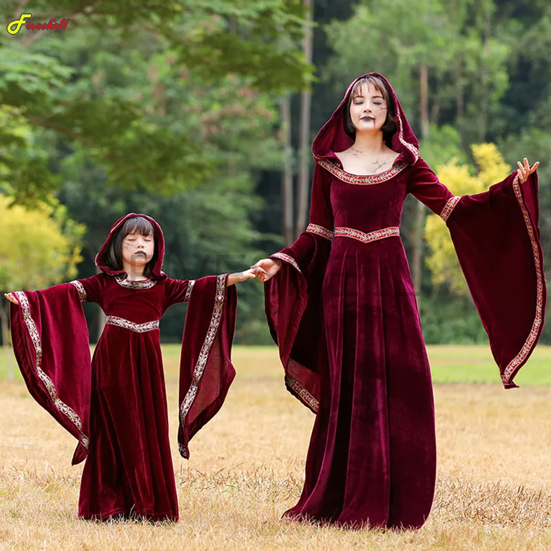 Women Vintage Medieval Court Dress Parent child Outfits Red Robe Wizard ...