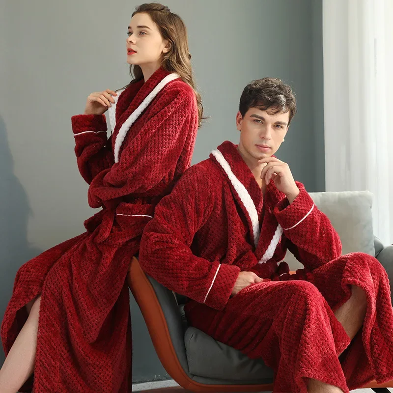 Winter Couple Flannel Robe Sets Lovers Solid Thicken Bathrobe Gown ...