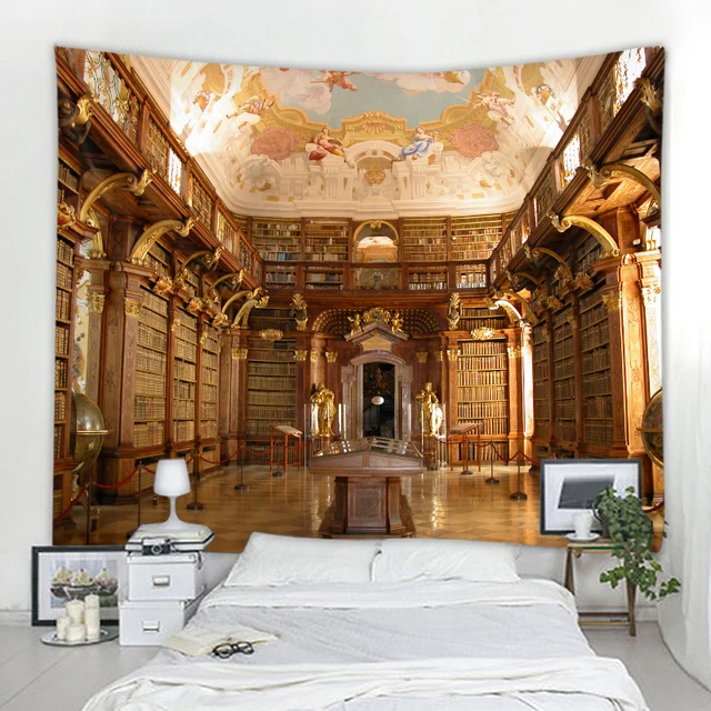 Art Wall Hanging Mystery Library Tapestry Vintage Bookshelf Digital ...