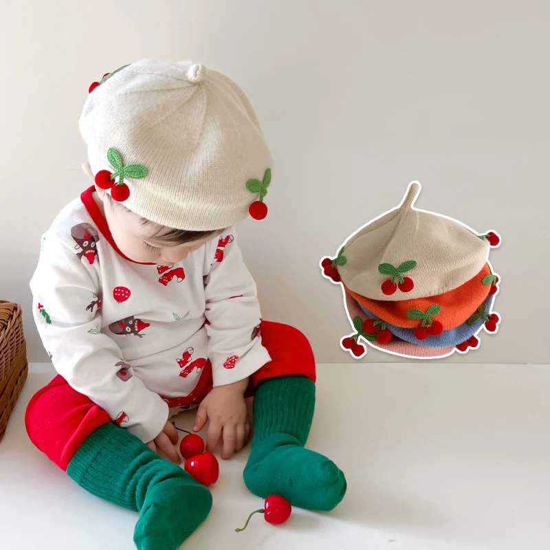 Cute-Cherry-Baby-Beret-For-Kids-Autumn-Winter-Elegant-Solid-Soft-Knit ...