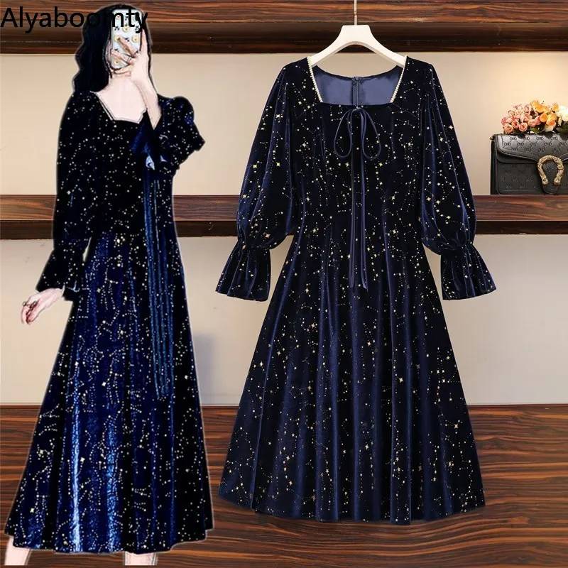 Autumn-Winter-Women-Velvet-Long-Dress-Square-Collar-Navy-Blue-Sequined ...