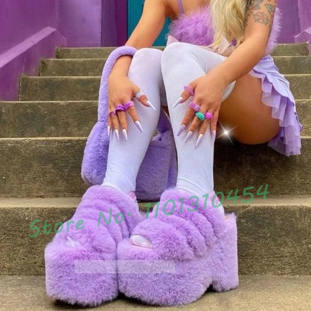 Slingback Furry Platform Sandals Women Sweet Fluff Elastic Band Funky ...