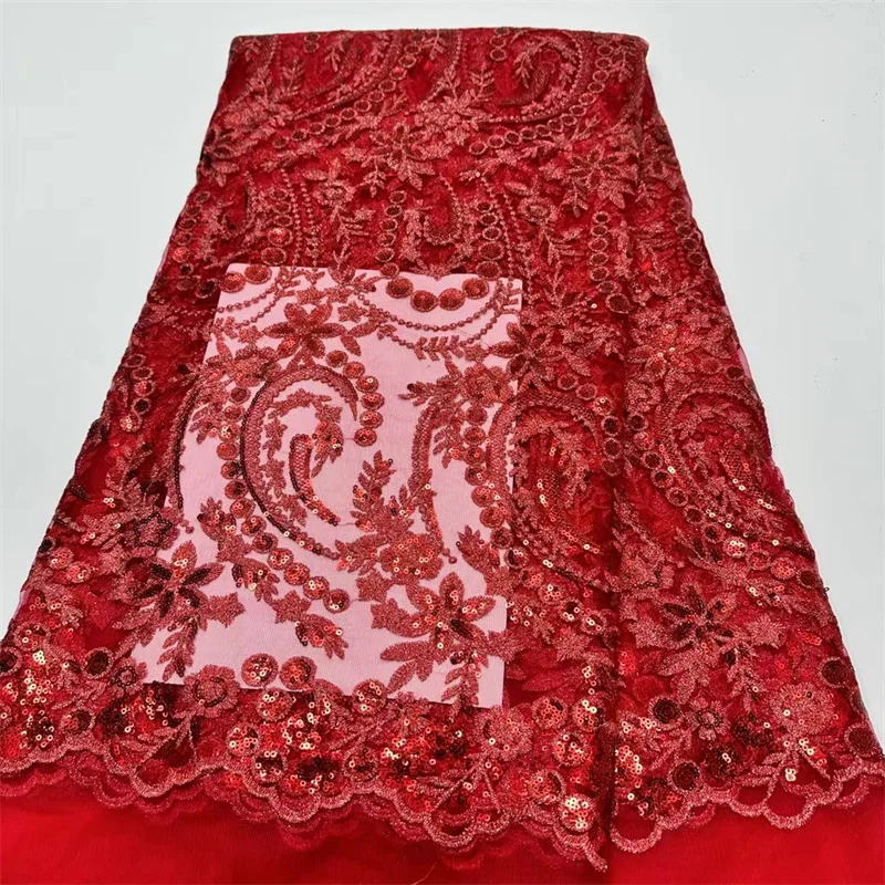 2024-Fashion-Red-African-Lace-Fabric-With-Sequins-Tulle-Mesh-Embroidery ...