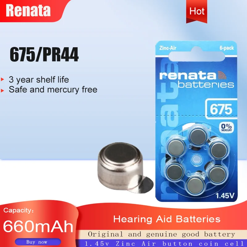 Pilas para audífonos Renata 675 de 6 12 piezas, A675, P675, PR44, S675A ...