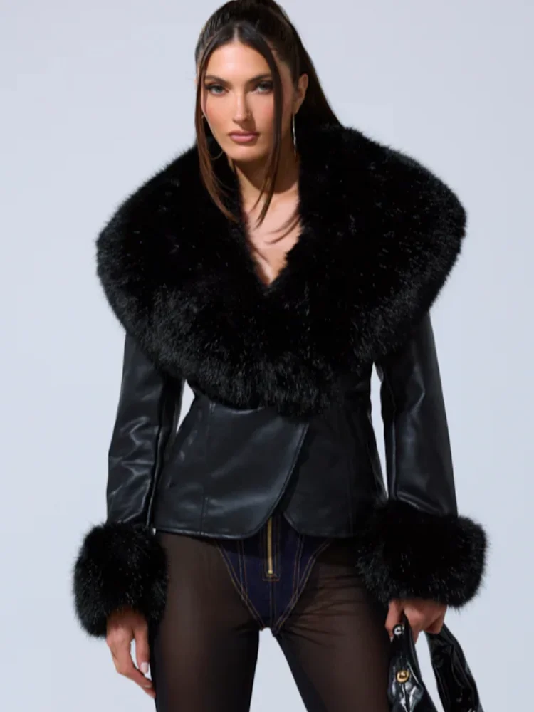 High Street Turn-down Fur Collar Coat Long Sleeve Double Buttons Waist ...