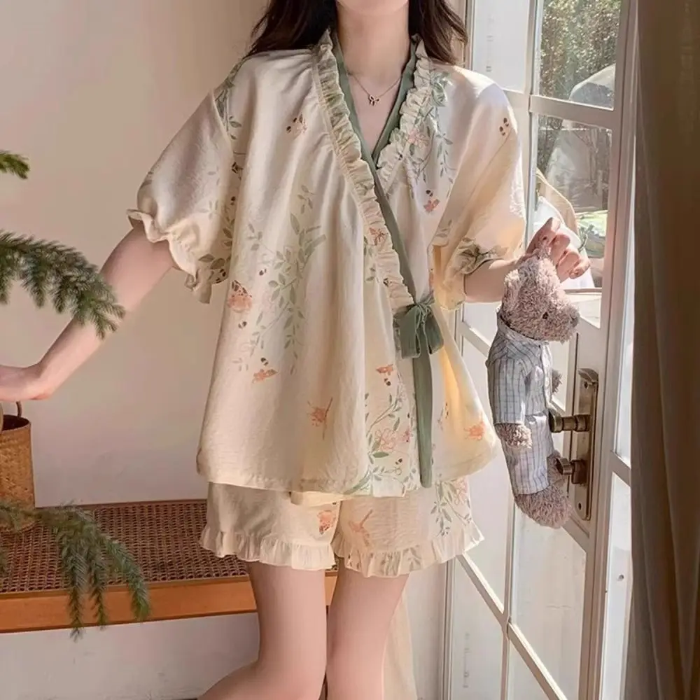 New Chinese Style Lace Up Pajama Suit Flower V-Neck Shorts Sleeve ...
