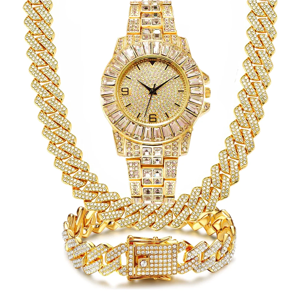 3PC-Hip-Hop-Luxury-Watch-Necklace-Bracelet-Jewelry-Set-for-Men-Women ...