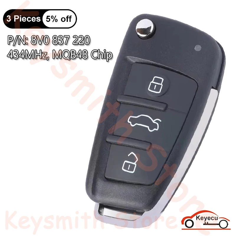 KEYECU 3 Buttons 434MHz MQB48 Chip for Audi A3 S3 2012 2013 2014 2015 ...