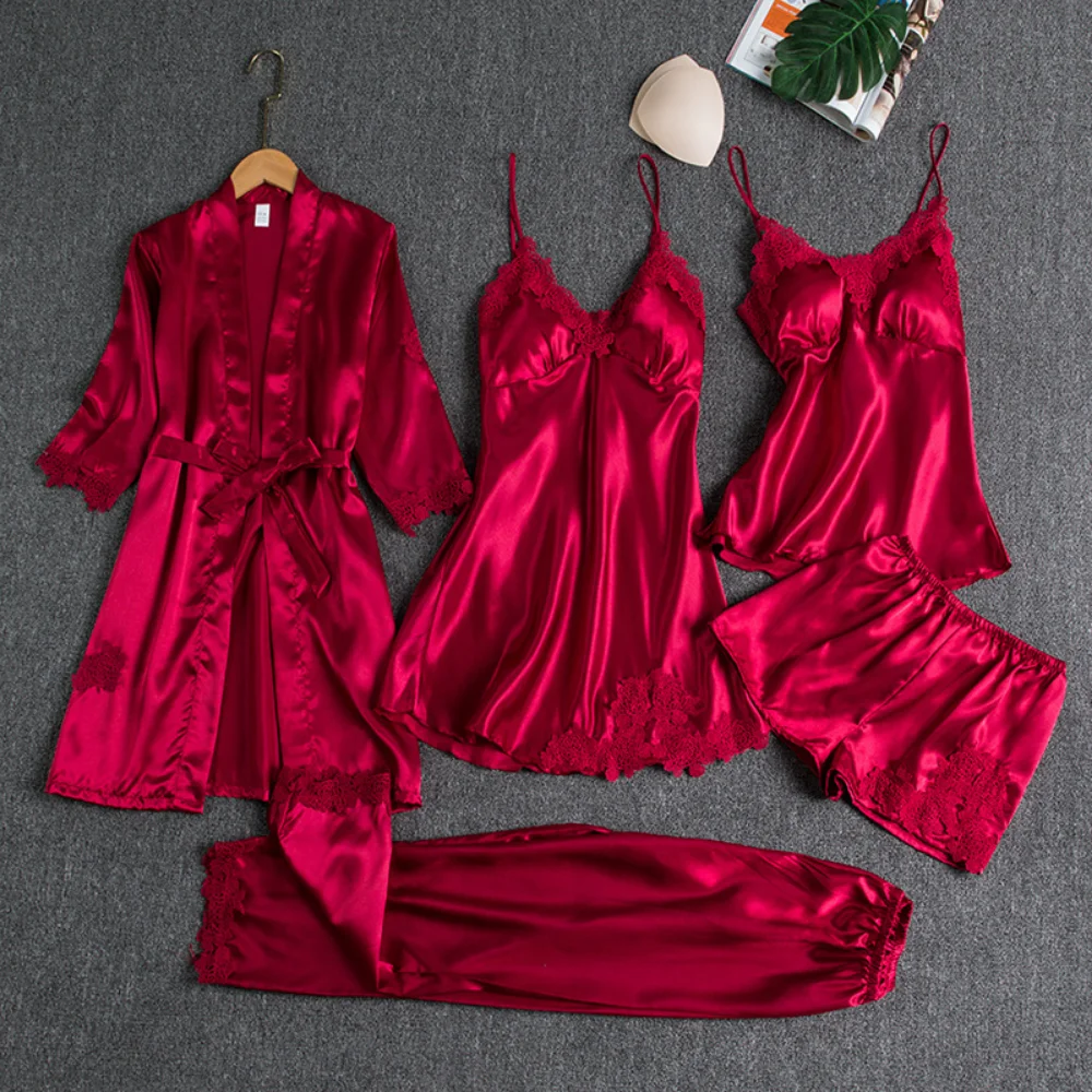 Bata-de-seda-para-dormir-para-mujer-Conjunto-de-Pijama-de-sat-n-de ...