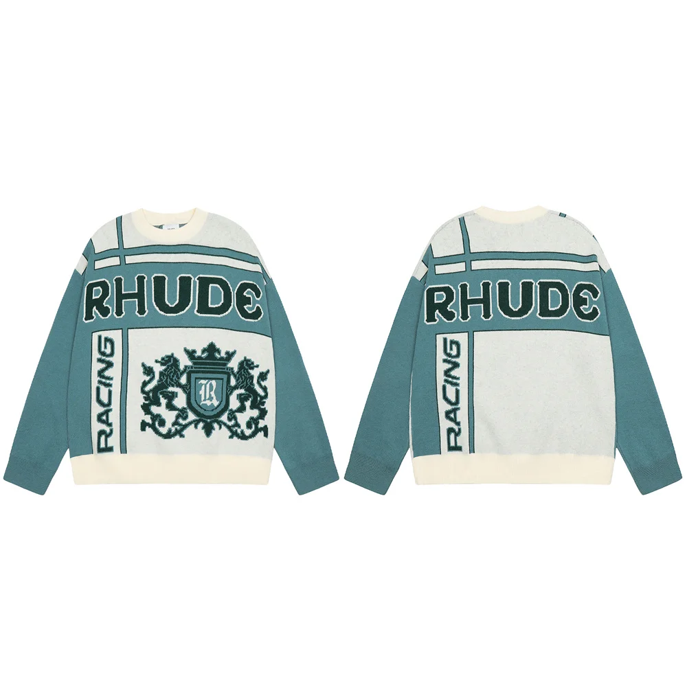RHUDE-New-letter-Jacquard-badge-Loose-round-neck-Knitted-Sweater-Men ...