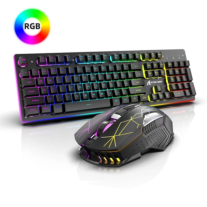 Rgb led teclado sem fio 2.4g metal painel gaming teclado e mouse ...