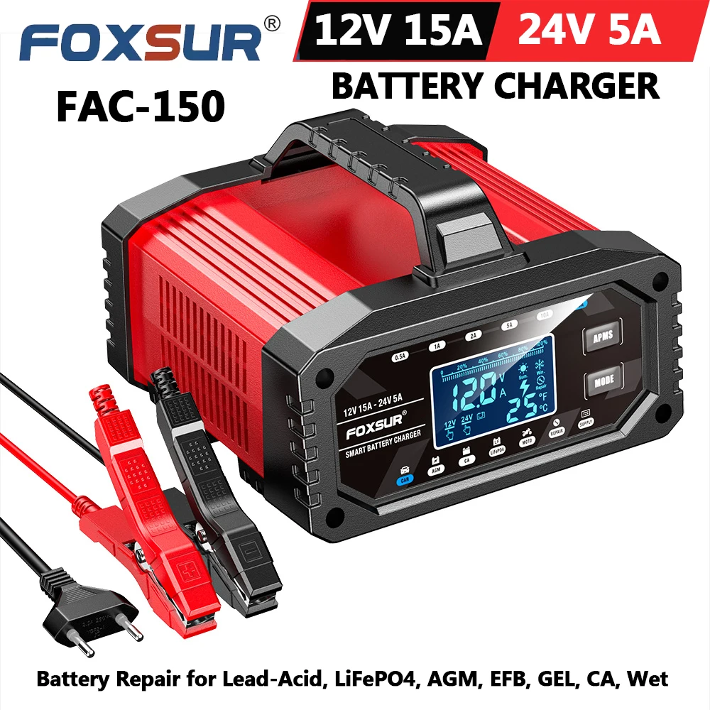FOXSUR 12V 24V FAC-150 Smart Car Motorcycle Battery Charger Battery ...