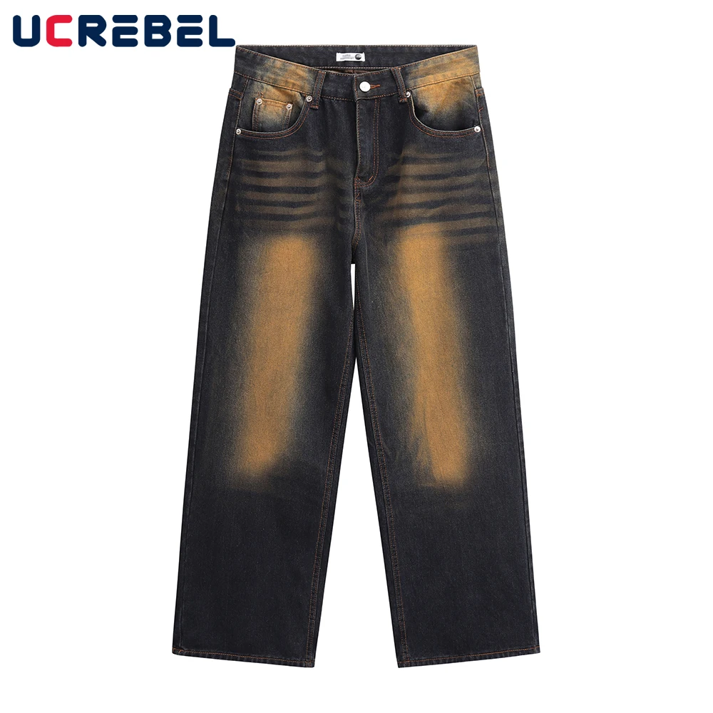 Gradient-Dyed-Washed-Denim-Pants-Mens-High-Street-Mud-Yellow-Loose ...