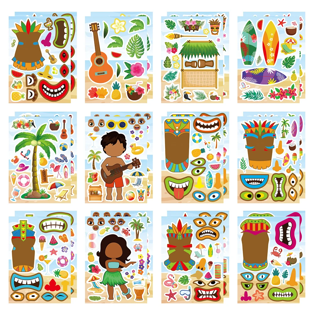 6-12sheets-Cartoon-Summer-Tropical-Hawaiian-Style-Stickers-Make-A-Face ...