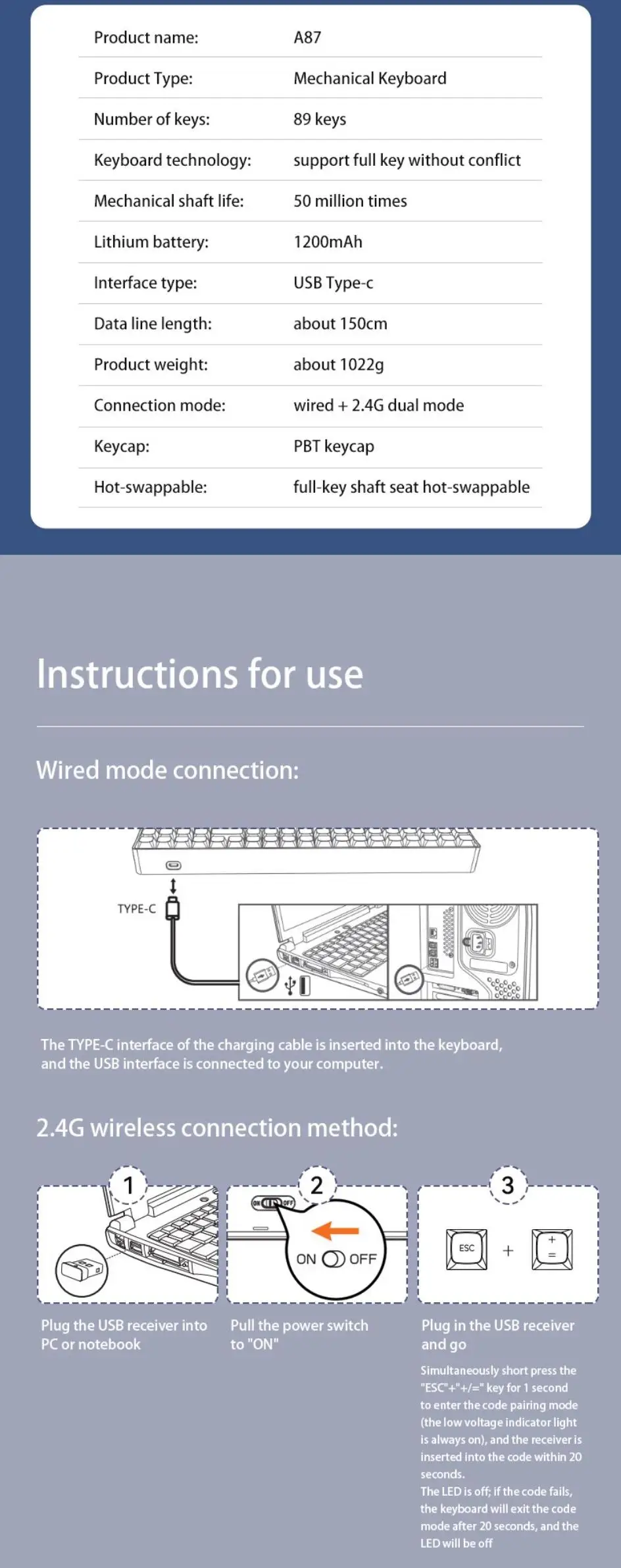 Aigo A87 Hot-Swap Wireless Mechanical Keyboard