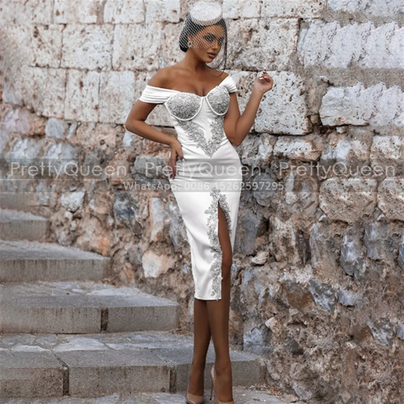 Front Split Short Prom Dresses Appliques Off Shoulder Sheath Customized ...