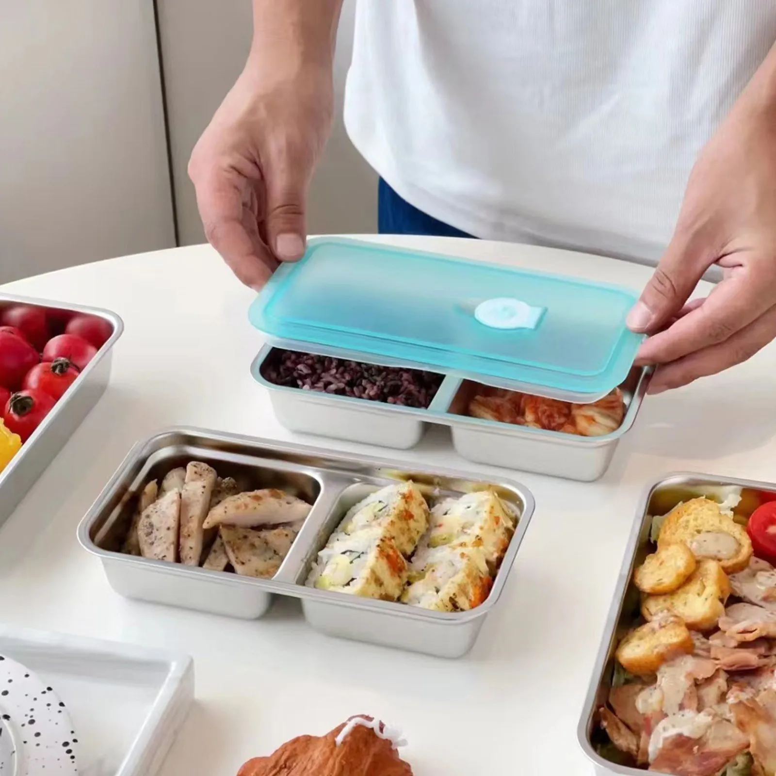 Reusable Stainless steel double compartment lunch box with lids ...
